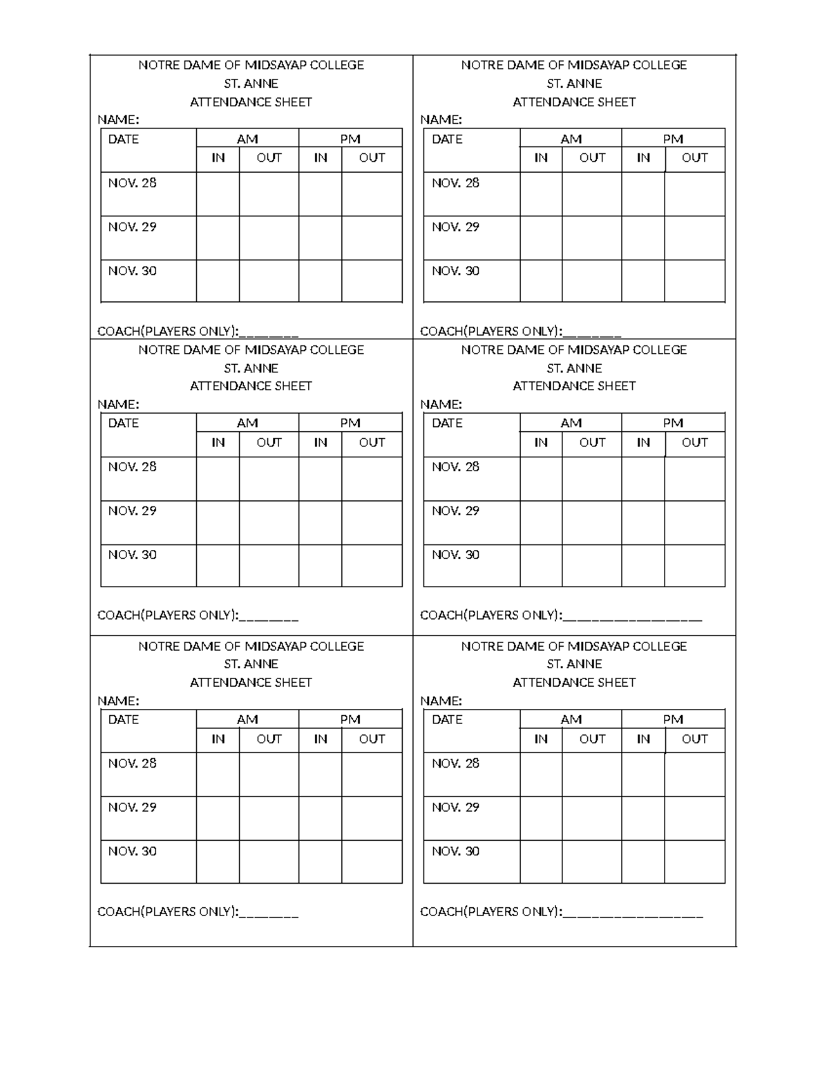 Attendance Sheet Intrams - NOTRE DAME OF MIDSAYAP COLLEGE ST. ANNE ATTENDANCE SHEET NAME: DATE ...