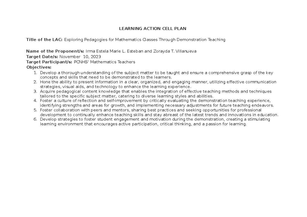 LAC Nov 2023 - LAC Nov 2023 - LEARNING ACTION CELL PLAN Title of the LAC: Exploring Pedagogies ...