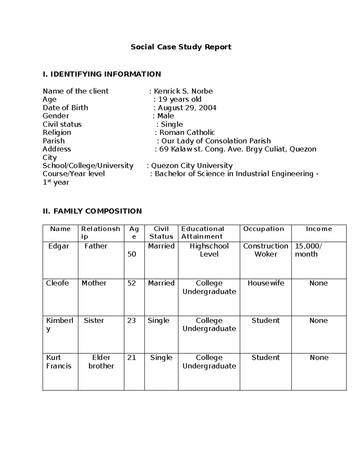 Kenrick-S - URS - Social Case Study Report I. IDENTIFYING INFORMATION ...
