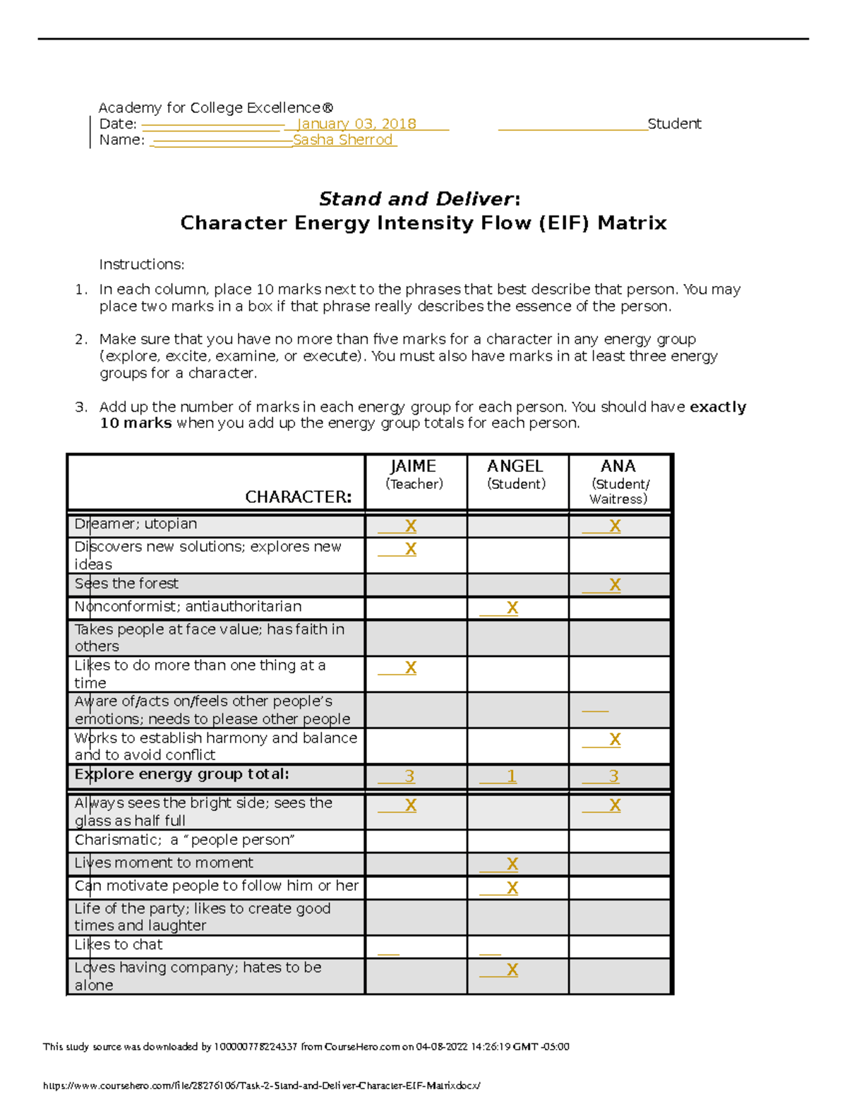 Task 2 Stand and Deliver Character EIF Matrix - Academy for College ...