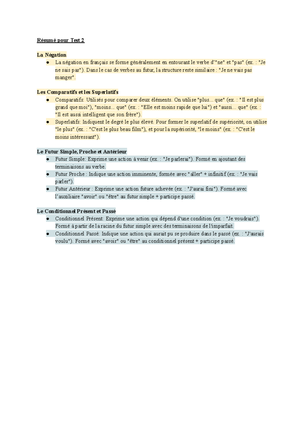 Résumé pour Test 2 Grammaire - Résumé pour Test 2 La Négation La ...