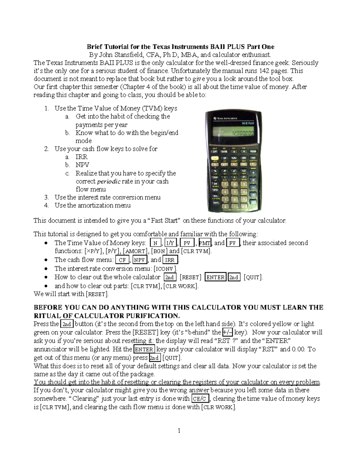 Texas Instruments BAII PLUS Tutorial - Brief Tutorial for the Texas ...