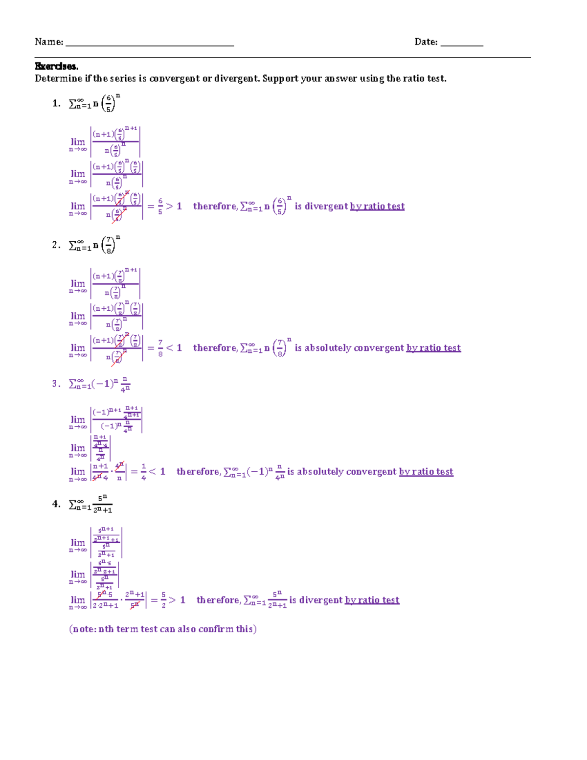 Calc BC Notes #51 Ratio and Integral Test 20-21 Exercises Key - Name ...