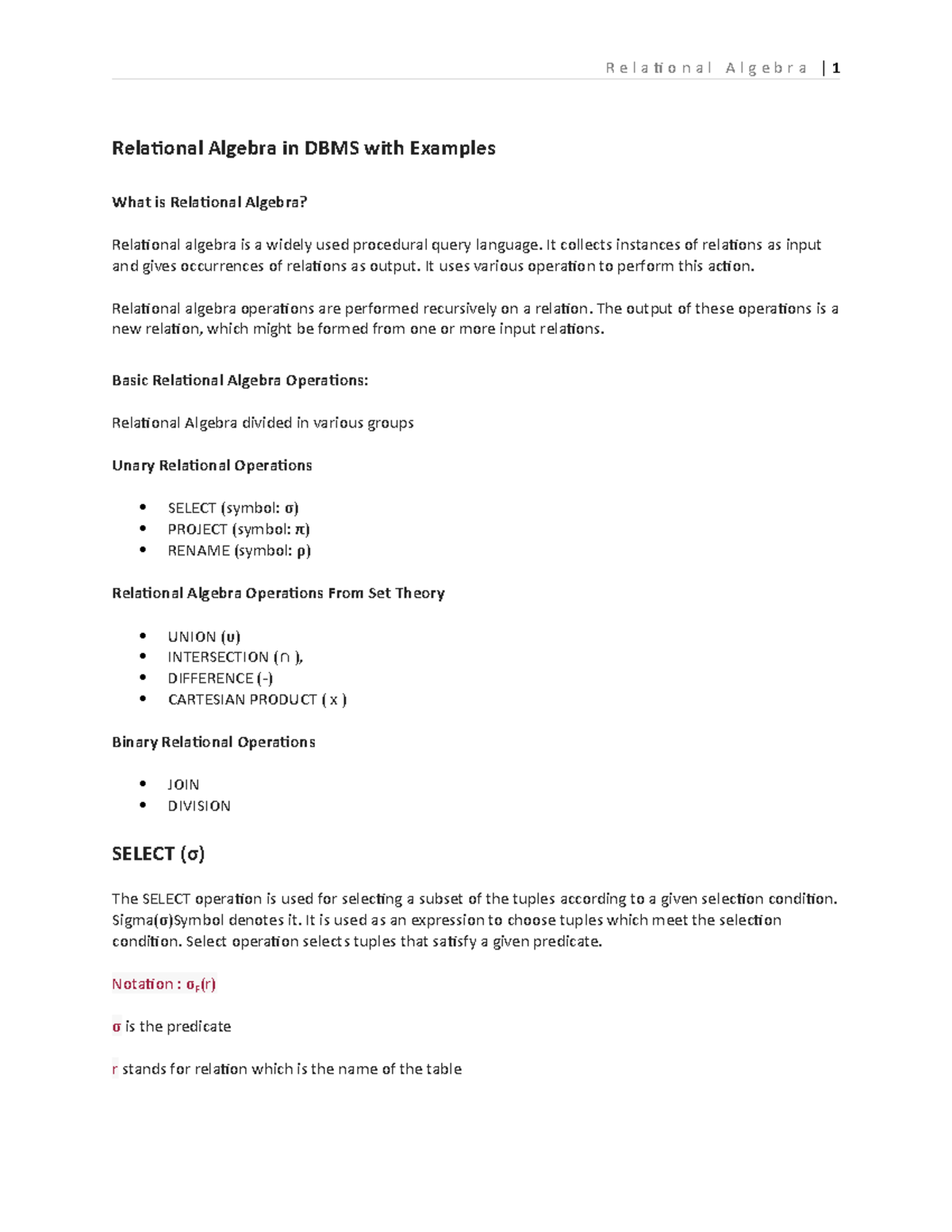 Relational Algebra in DBMSdocx - It collects instances of relations as ...