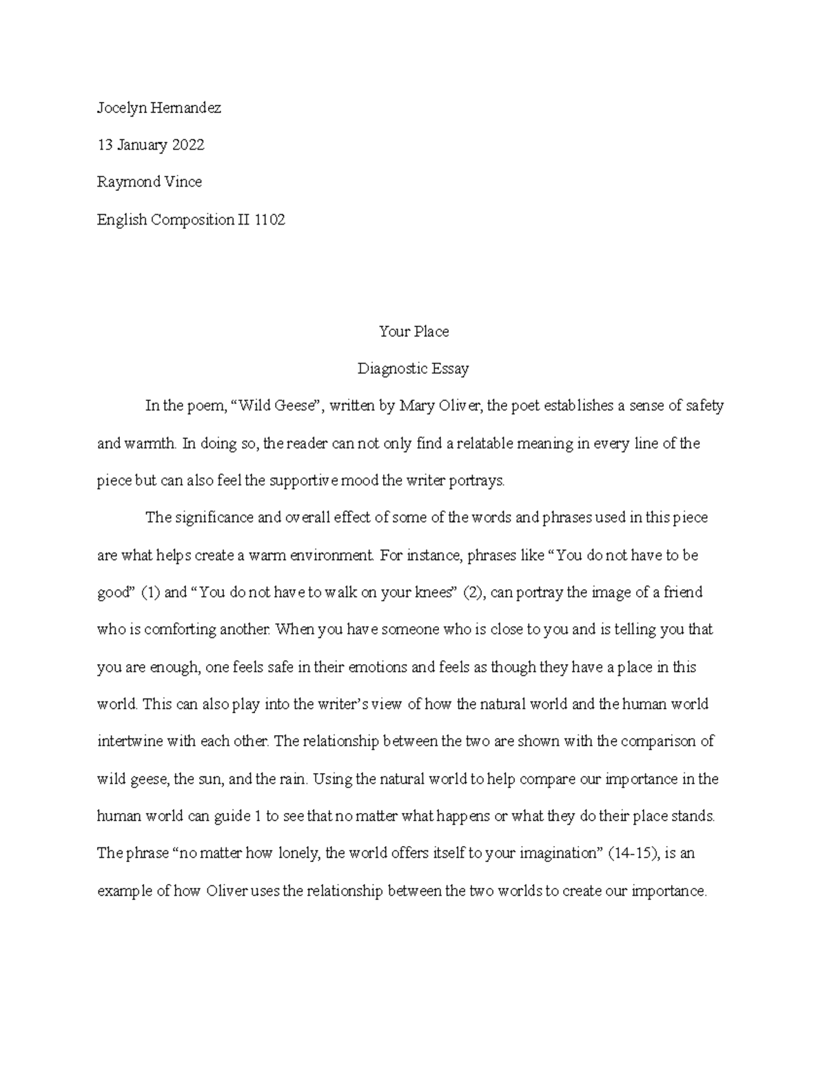 Diagnostic Essay - Raymond Vince - Jocelyn Hernandez 13 January 2022 ...