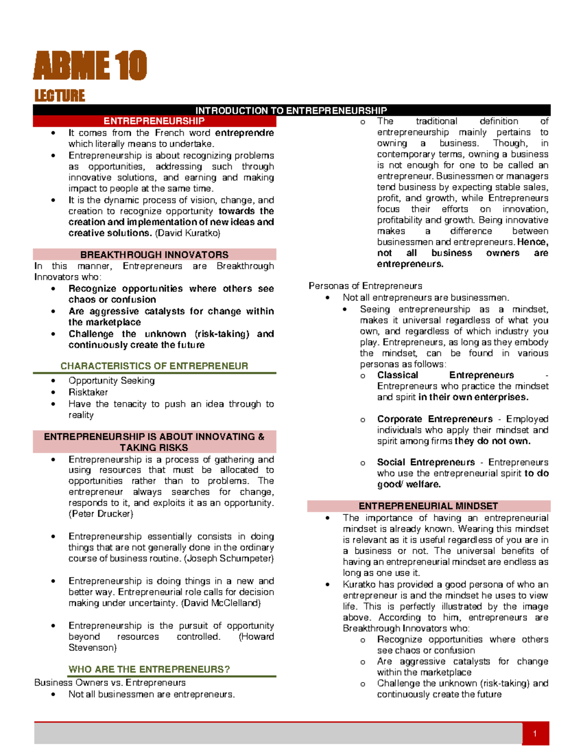 ABME 10 Lec - ABME 10 LECTURE INTRODUCTION TO ENTREPRENEURSHIP ENTREPRENEURSHIP It comes from ...