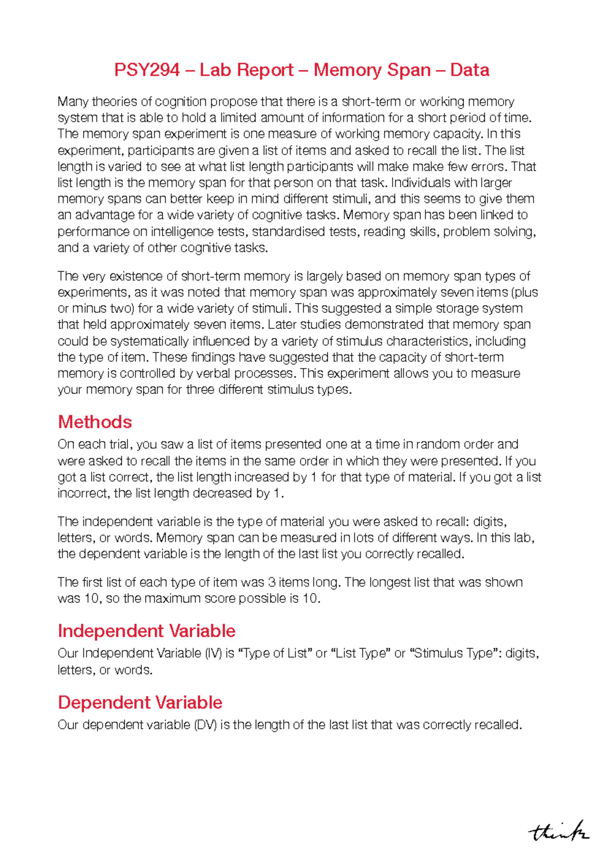 PSY294 Lab Reportd Data 2022 ERNv01 - PSY294 – Lab Report – Memory Span – Data Many theories of ...