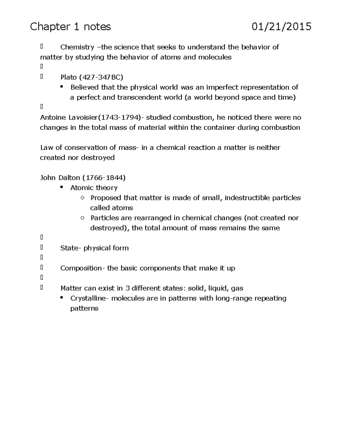 Chem test 1 book notes - Chapter 1 notes 01/21/2015 Chemistry –the ...