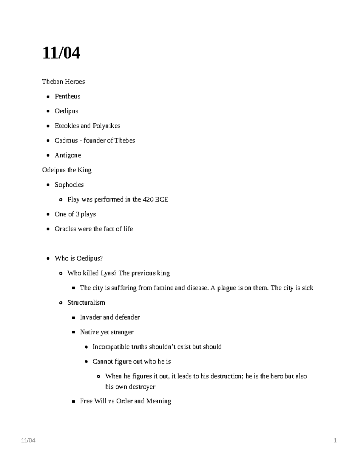 L25 - Lecture notes - 11/04 1 11/ Theban Heroes Pentheus Oedipus ...