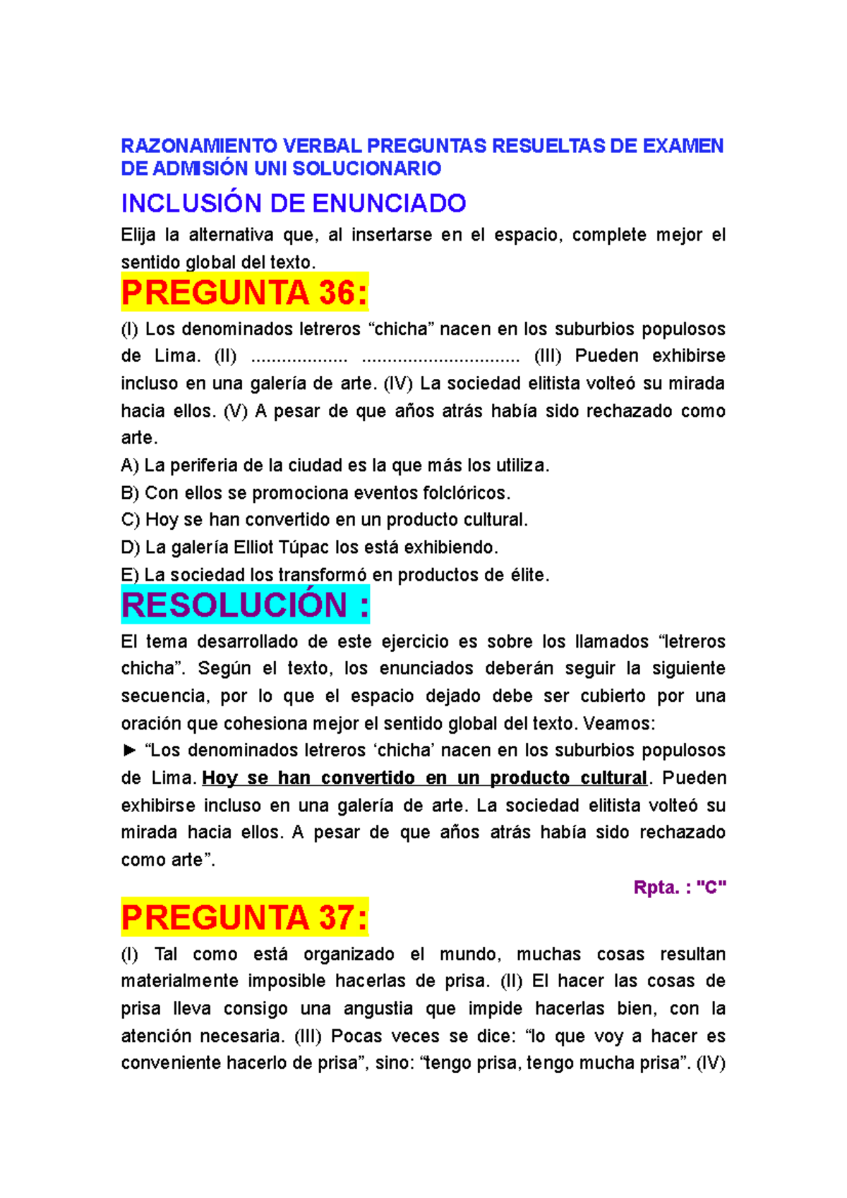 Razonamiento Verbal Preguntas Resueltas DE Examen DE Admisi n UNI