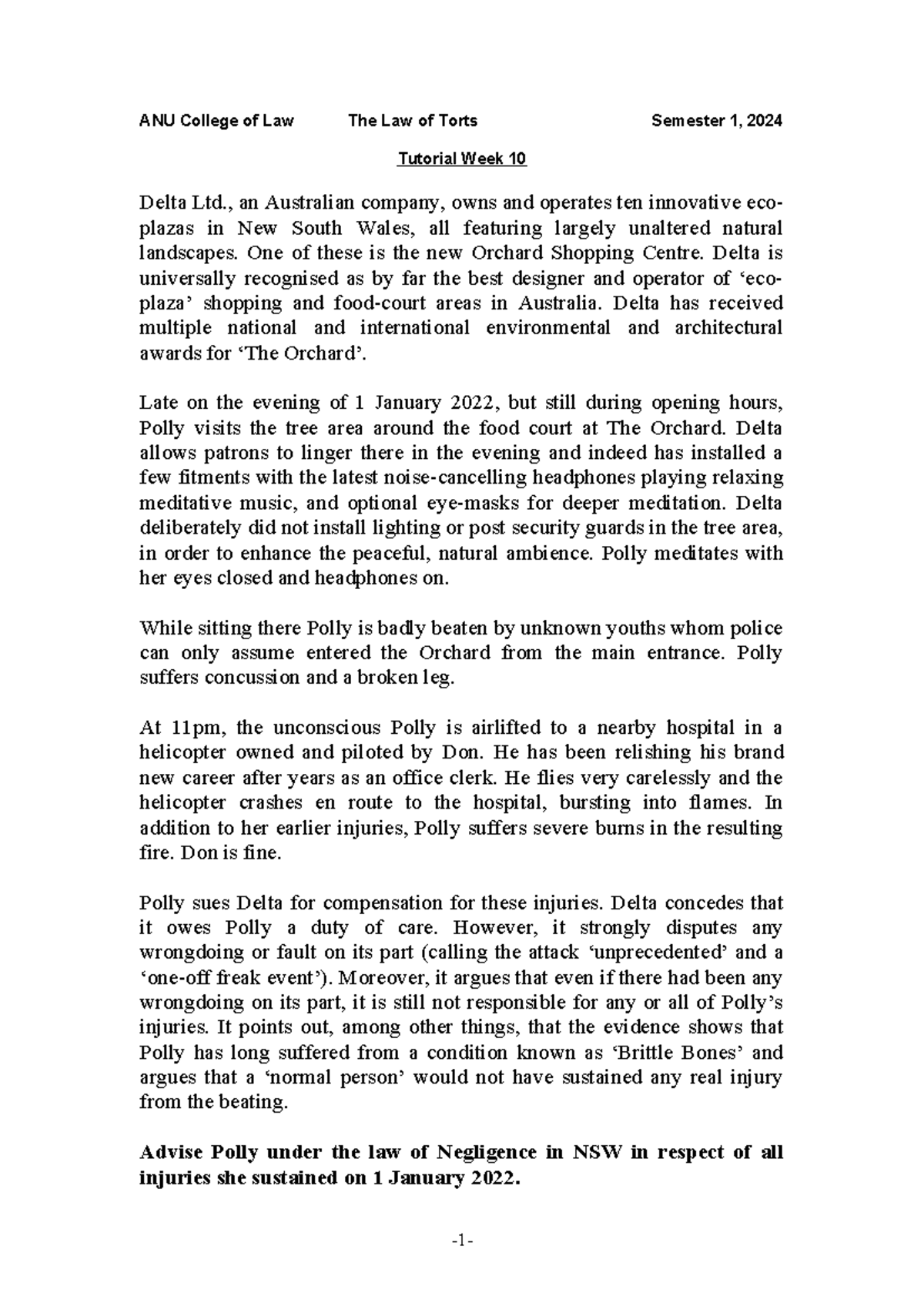 2024 Torts Tutorial 9 (Week 10) - ANU College of Law The Law of Torts Semester 1, 2024 Tutorial ...