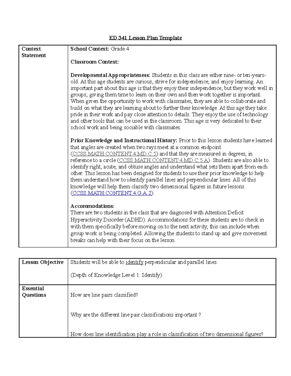 Lesson Plan #2 - ED 341 Lesson Plan Template Context Statement School ...