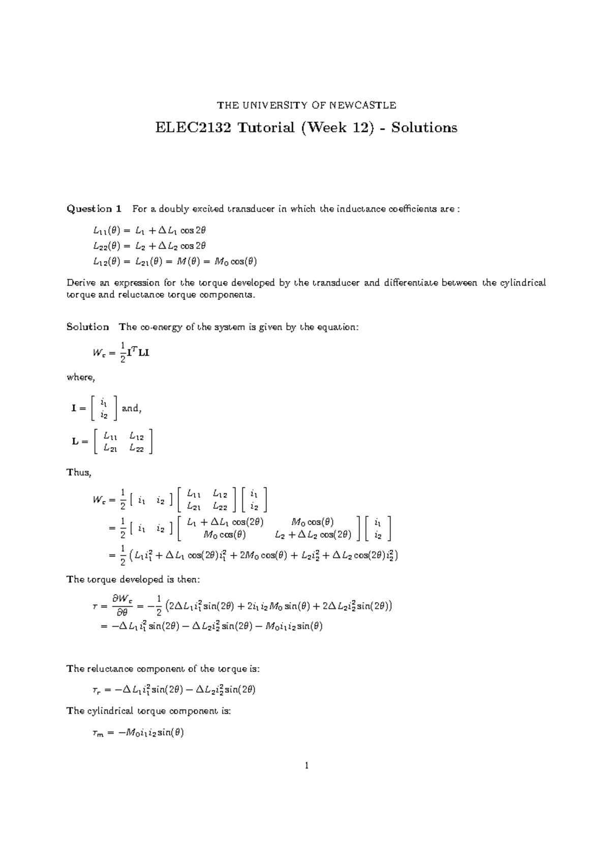 Tutorial 10 Solutions - THE UNIVERSITY OF NEWCASTLE ELEC2132 Tutorial ...