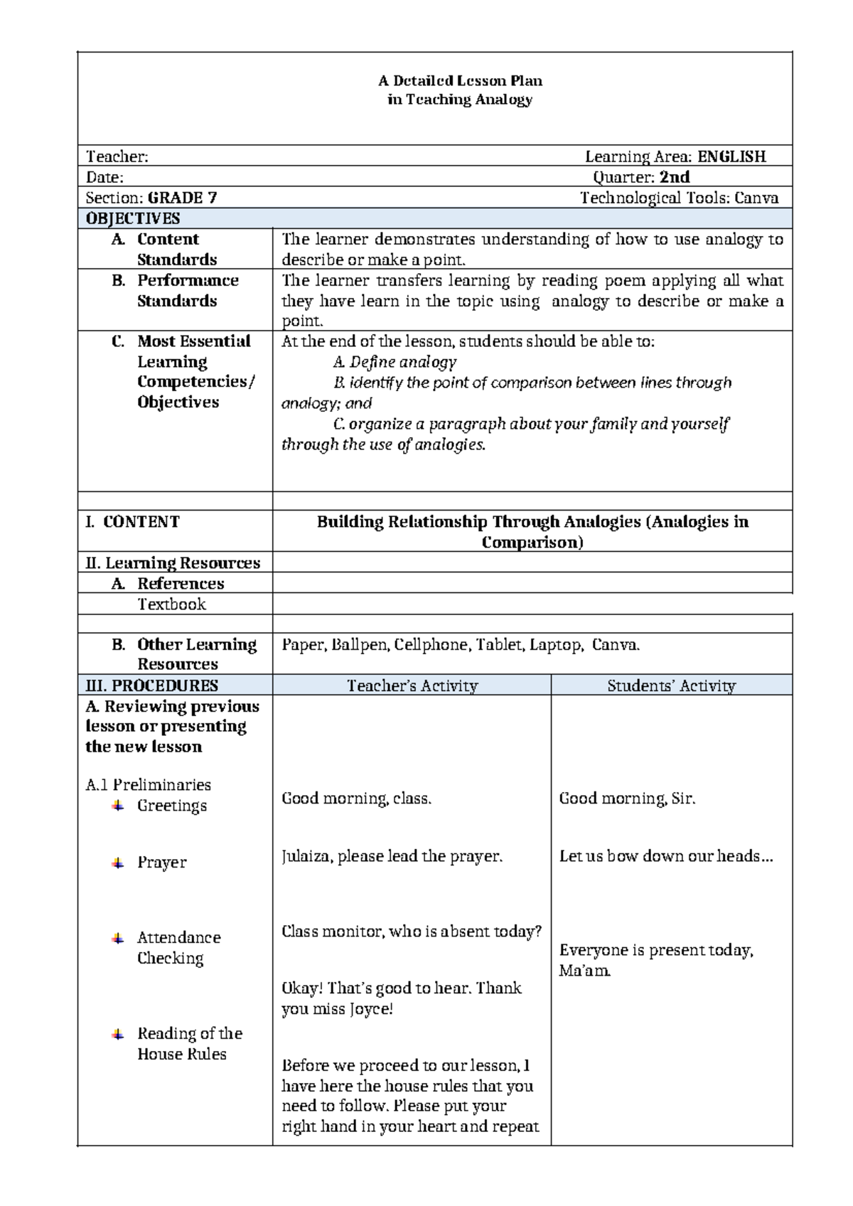 Aira lesson plan - A Detailed Lesson Plan in Teaching Analogy Teacher ...