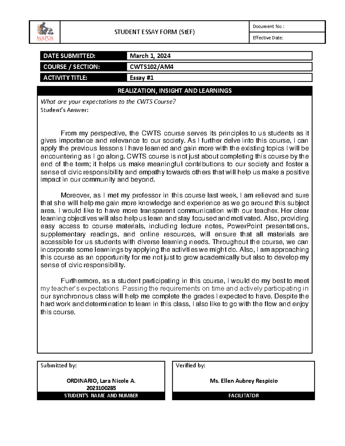 CWTS102-AM4-ESSAY1 - STUDENT ESSAY FORM (StEF) Document No.: Effective ...