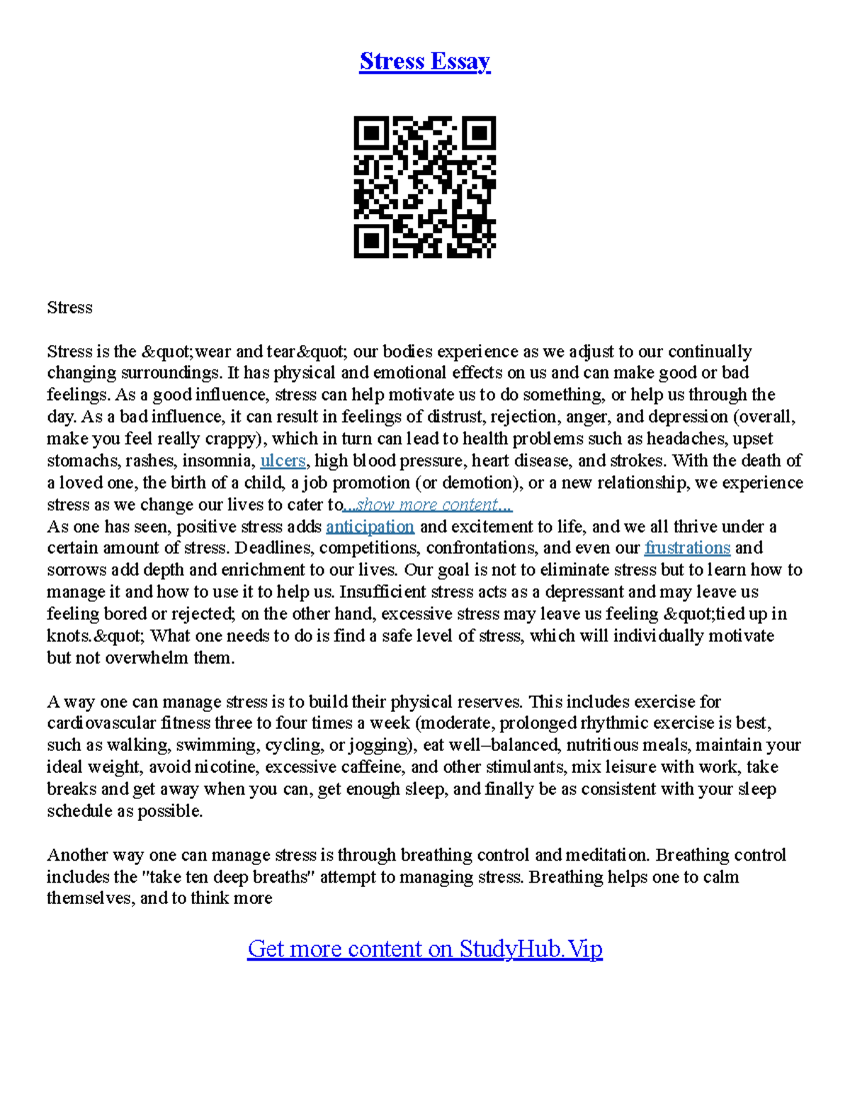 Stress Essays Stress Essays - Stress Essay Stress Stress is the "wear ...