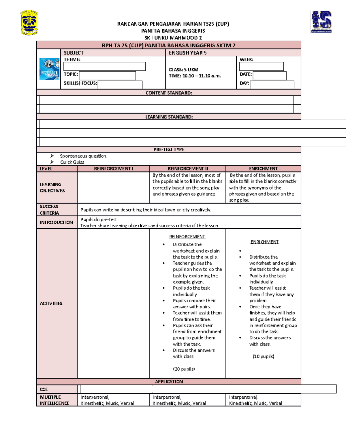 RPH CUP-BI Y5 ( Tapak) - English Lesson Plan Primary School Catch Up Plan - RPH TS 25 (CUP ...
