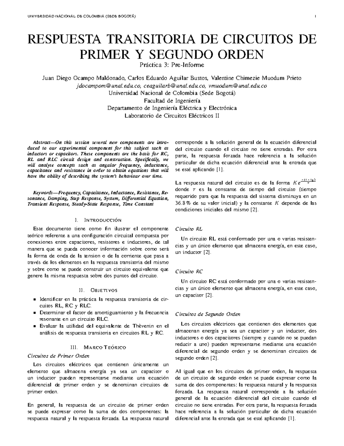 Pr ctica 3 Pre Informe - RESPUESTA TRANSITORIA DE CIRCUITOS DE PRIMER Y SEGUNDO ORDEN Practica 3 ...