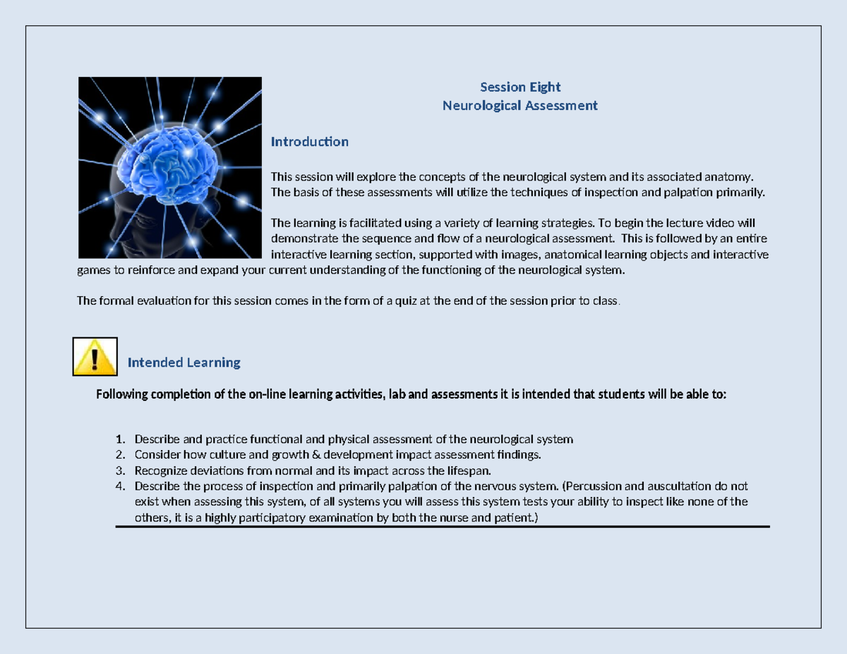 Session 8 - Session Eight Neurological Assessment Introduction This ...