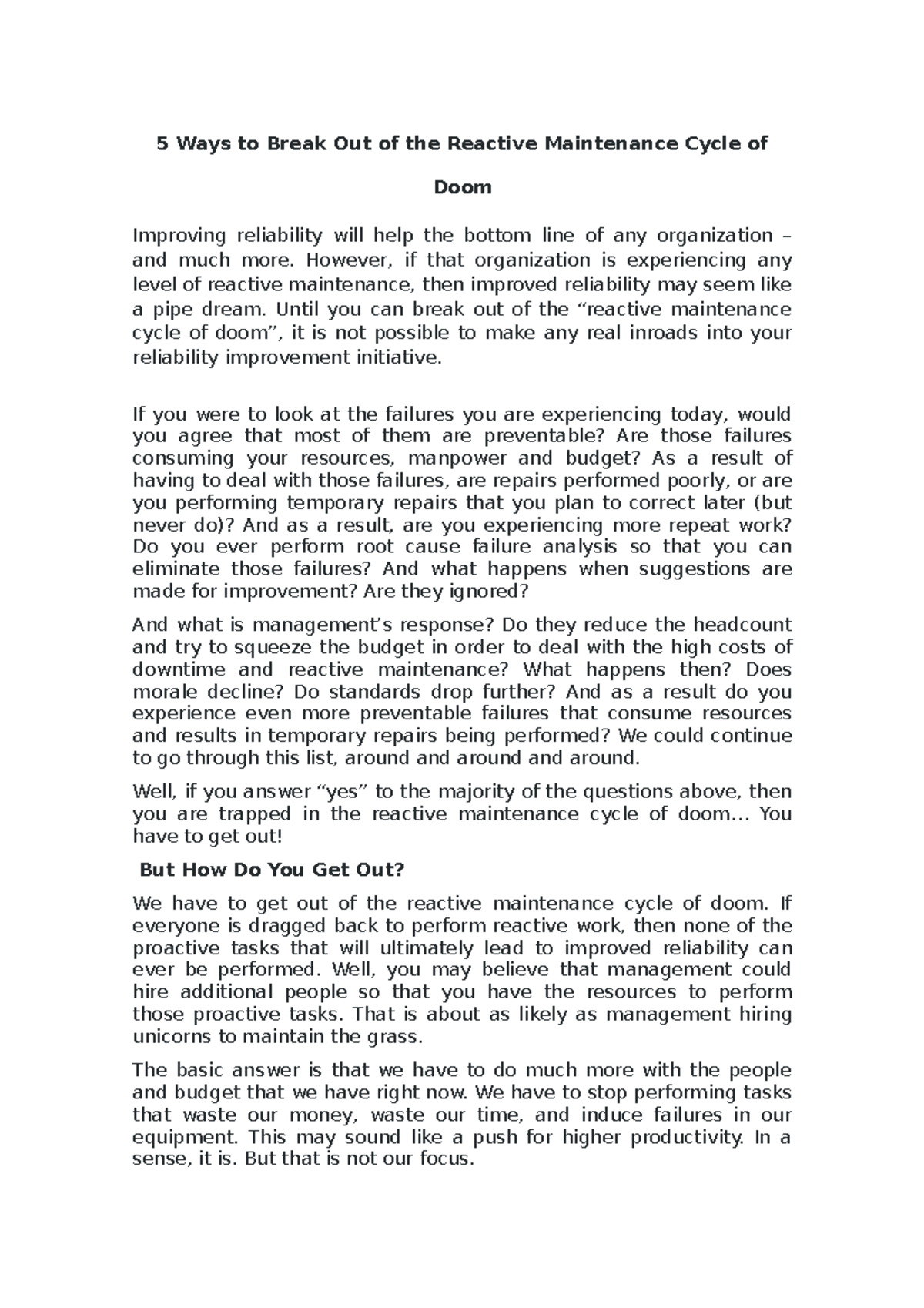 5 Ways to Break Out of the Reactive Maintenance Cycle of Doom - However ...