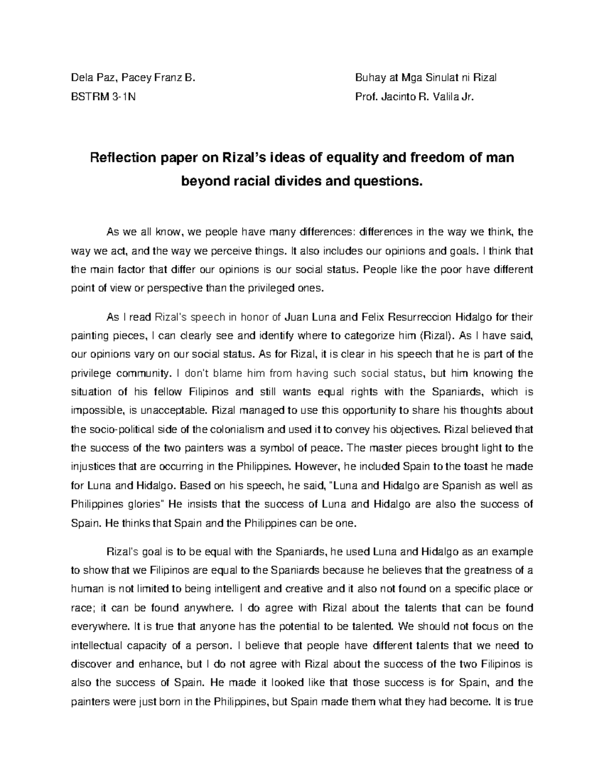 Reflection Paper on Rizal s ideas of equ - Dela Paz, Pacey Franz B ...