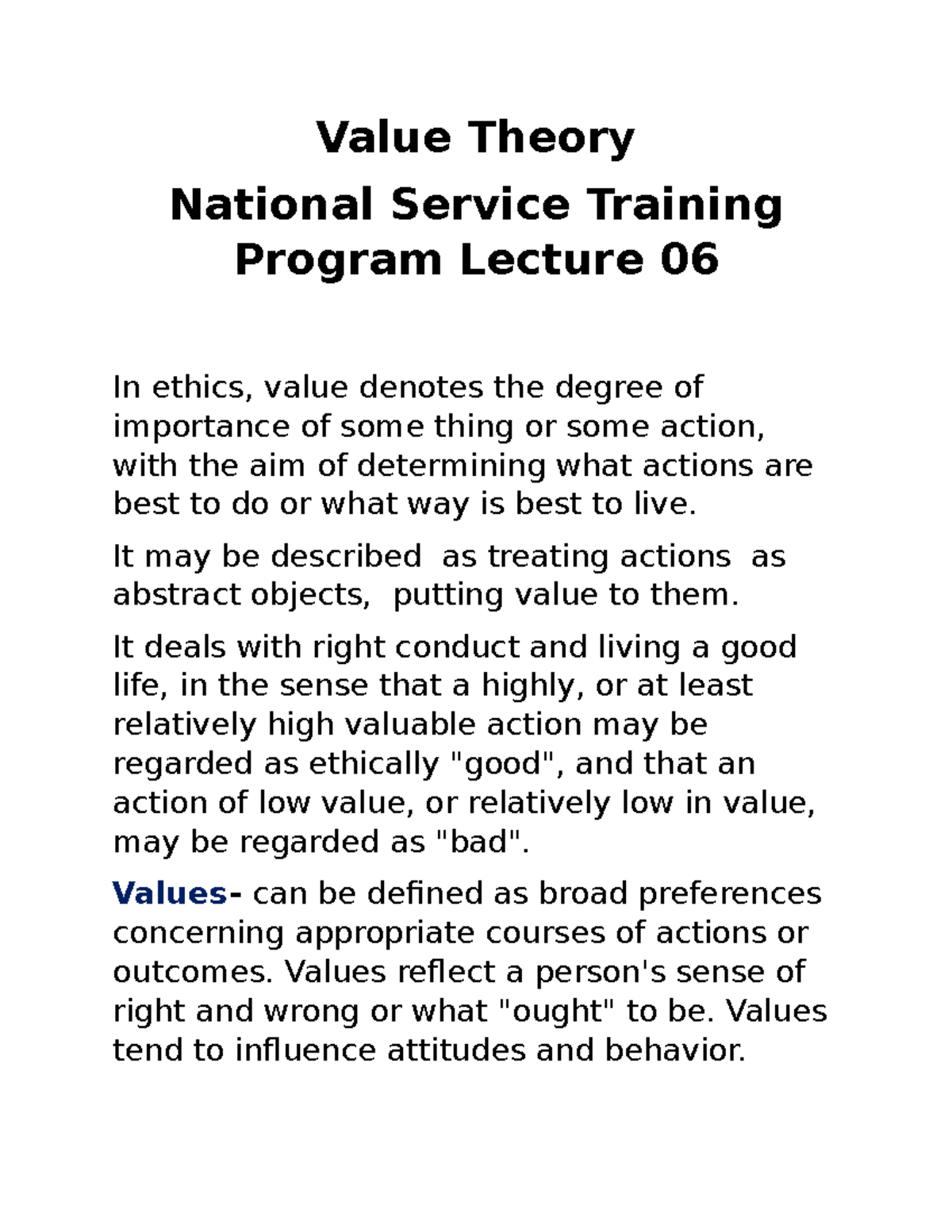 Value Theory 1 - Value Theory National Service Training Program Lecture ...