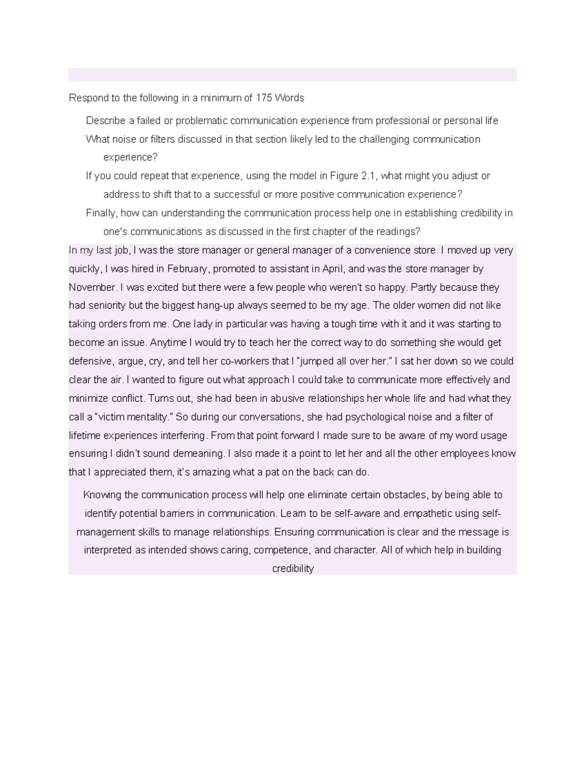 Wk 1 Discussion – Interpersonal Communication - Respond to the ...