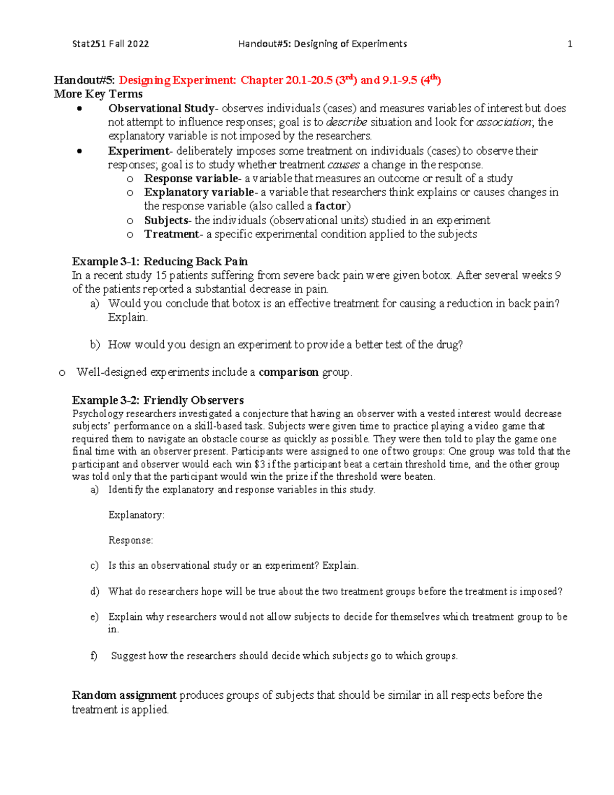 Handout 5 ch 20.1-20.5 - designing experiments - Stat251 Fall 2022 Handout#5: Designing of - Studocu