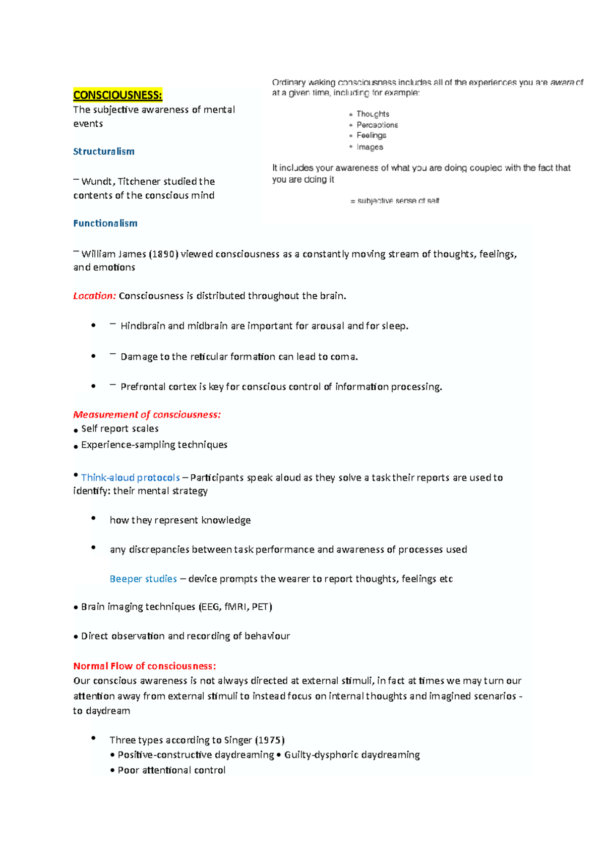 WK 11 Lecture Notes - CONSCIOUSNESS: The subjective awareness of mental ...