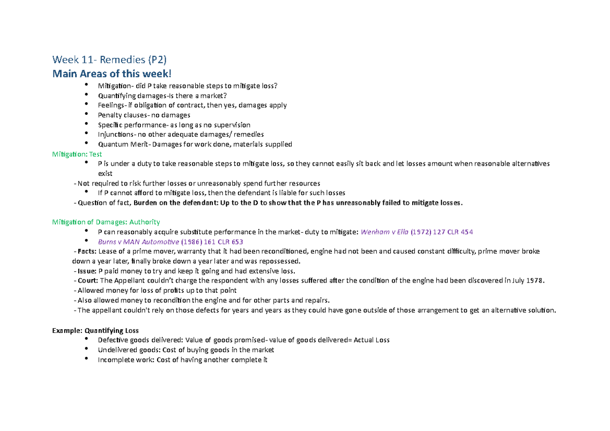 Week 11 - summary lecture notes, summary for remedies, brief - Week 11 ...