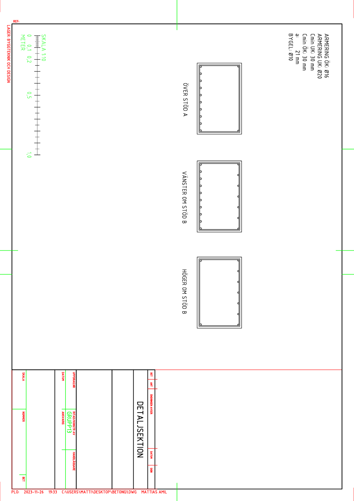 Betong Sektion - Ritning - HS1001 - ARMERING OK: 216 ARMERING UK: 220 ...
