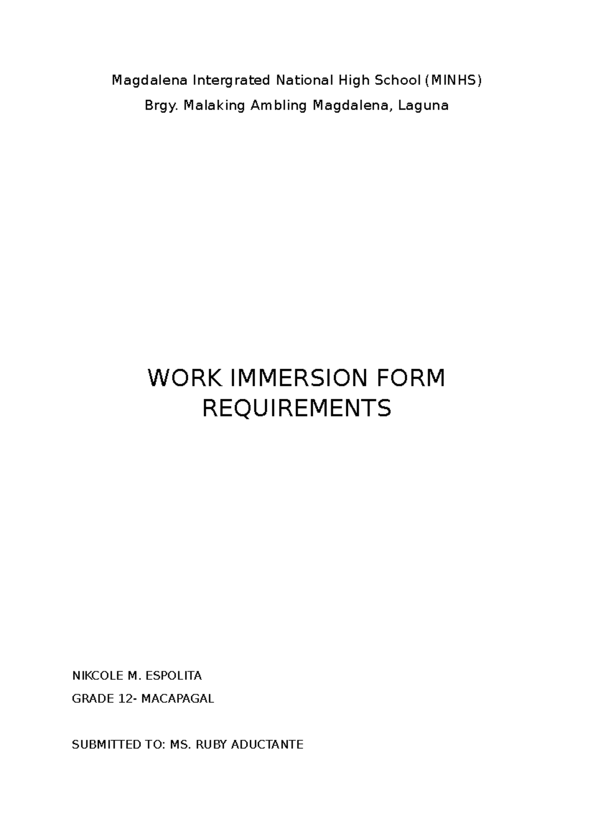WORK Immersion Requirements - Magdalena Intergrated National High ...