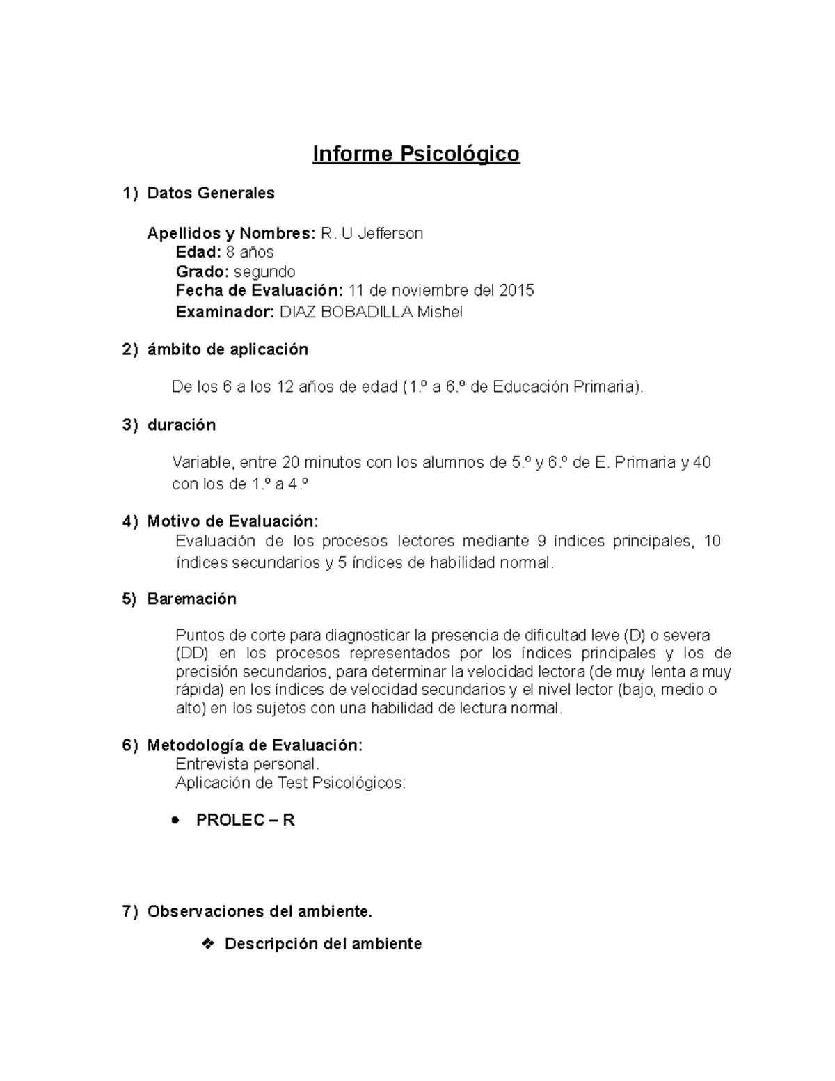 Informe-prolec-r - test de prolec r - 1) Datos Generales Informe ...