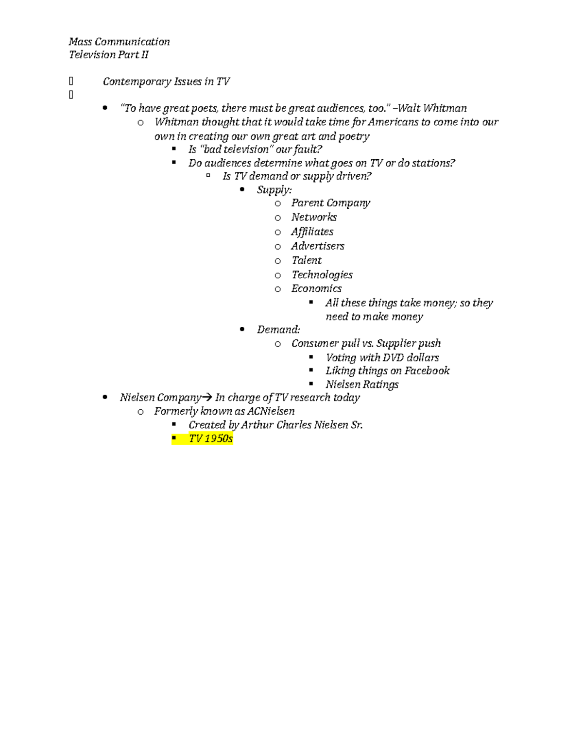 Television Part II - Nicholas Maradin Final Review by topic - Mass ...