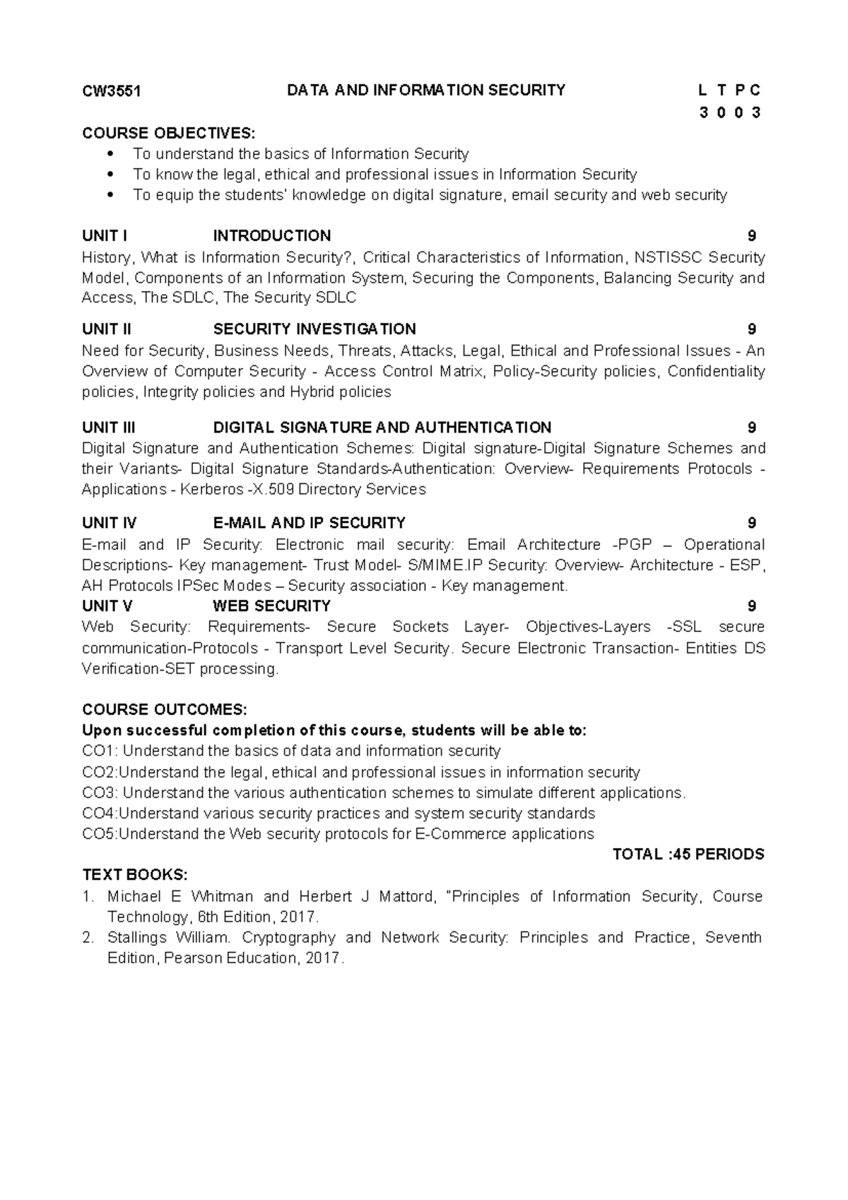 CW3551-DATA AND Information Security syllabus - CW3551 DATA AND ...