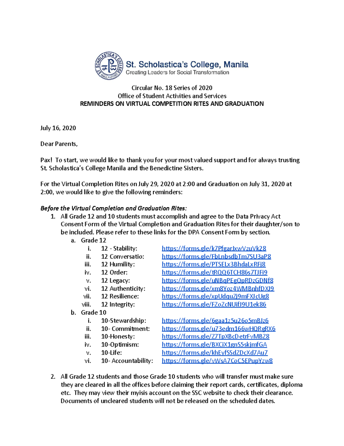 Reminders on Virtual Completion Rites and Graduation - Circular No. 18 ...