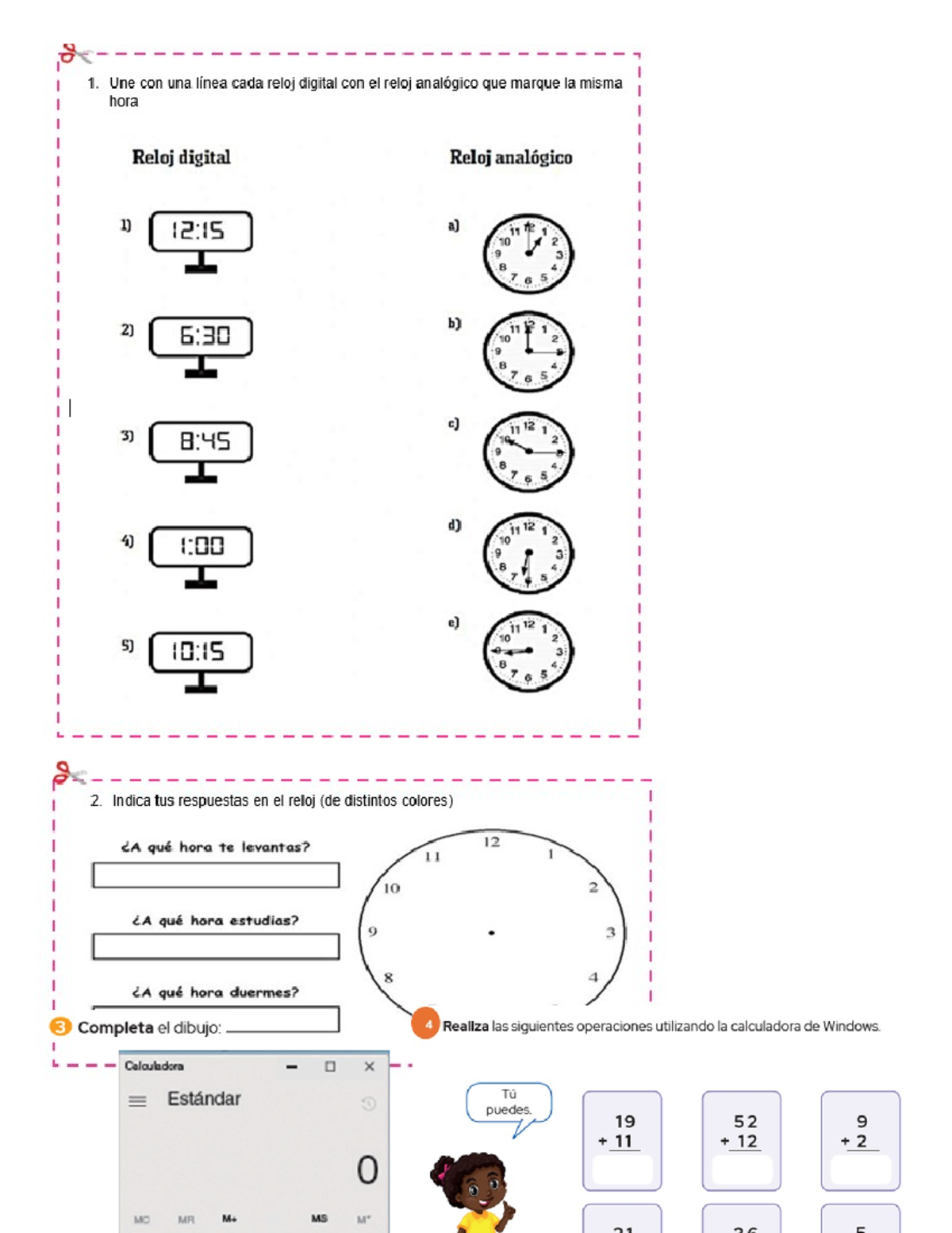 Actividades calculadora y reloj 3ero - 1. Une con una línea cada reloj ...