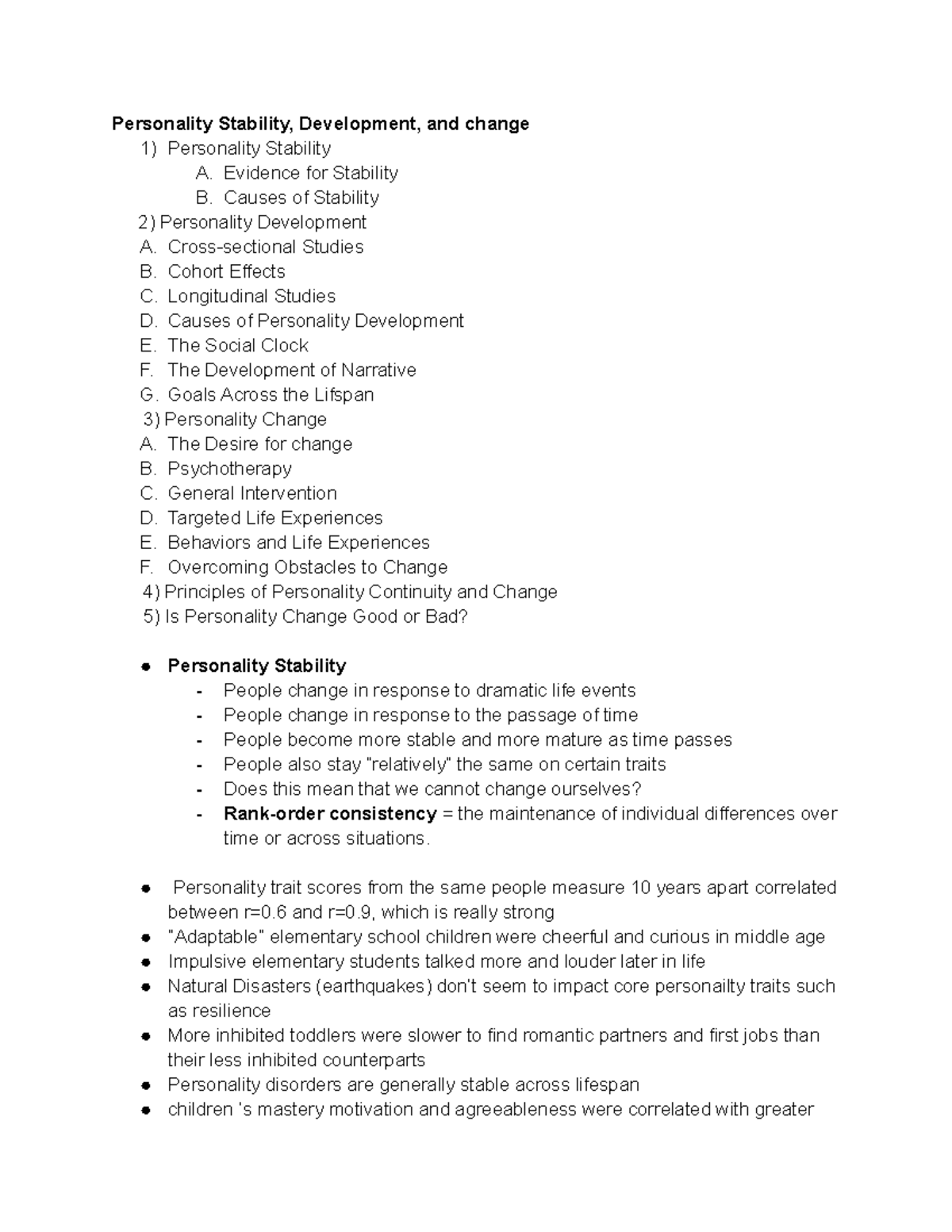 Chapter 7 - notes - Personality Stability, Development, and change 1 ...