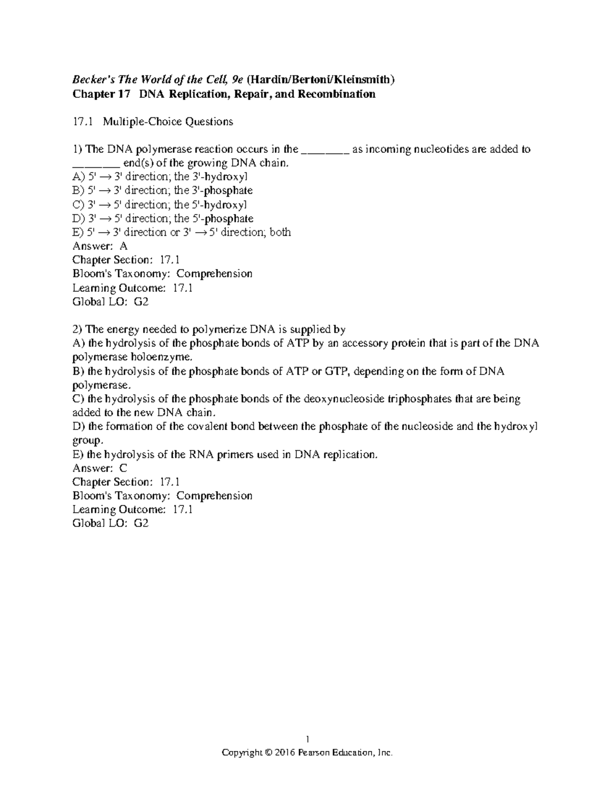 17 Test Bank - Ch 17 Test Bank - 1 Becker's The World of the Cell, 9e ...