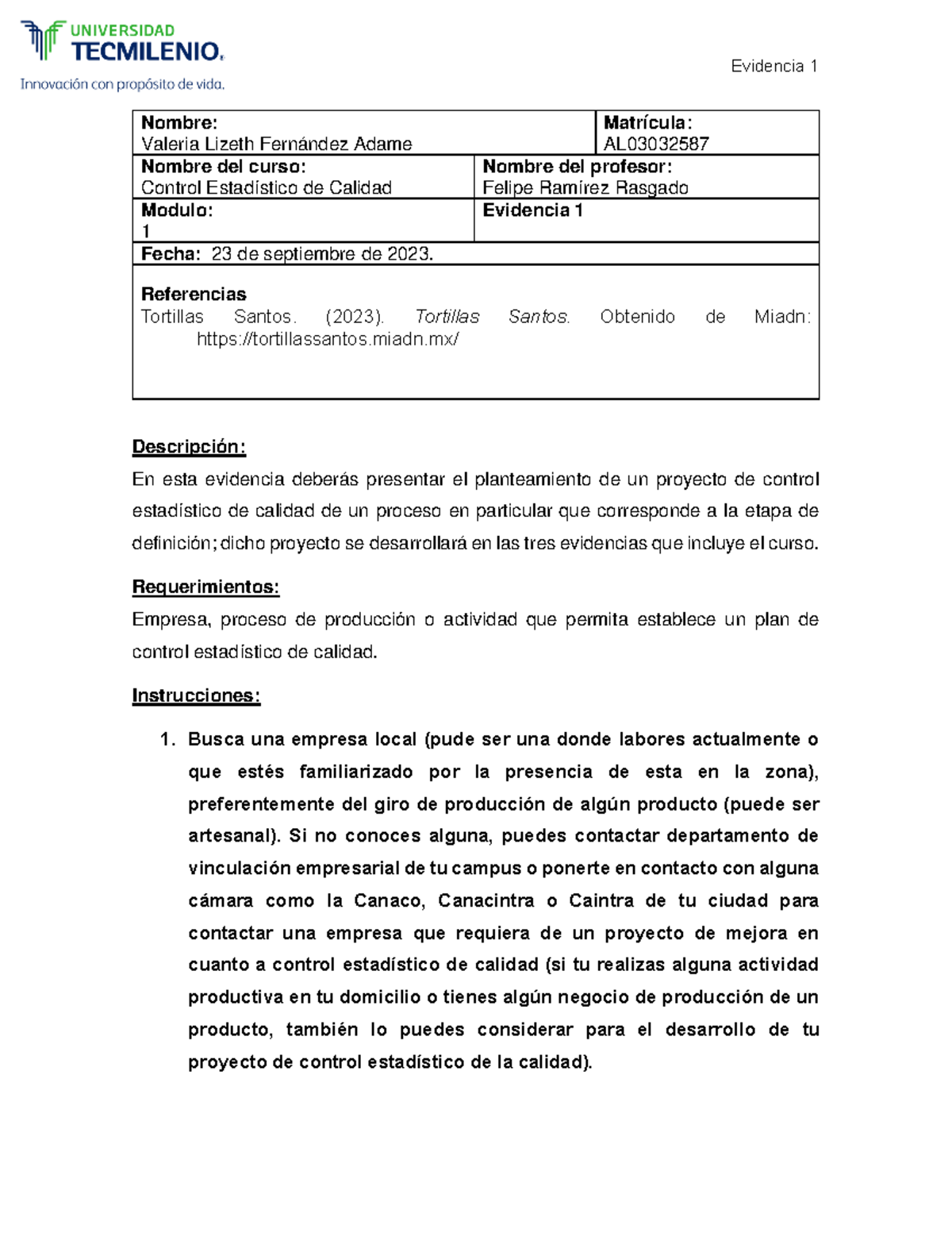 Control Estadístico de Calidad Evidencia 1 - Nombre: Valeria Lizeth ...