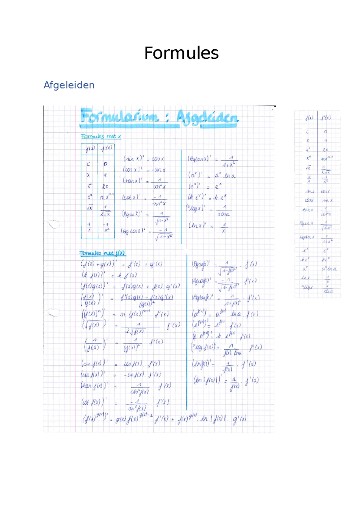 Formules - Wiskunde II voor Handelsingenieurs - Formules Afgeleiden Limieten - Studocu