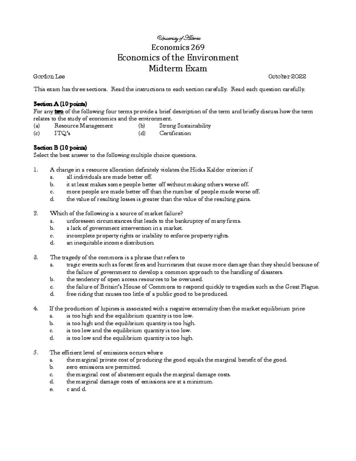 269 Midterm Example - Assistant - University of Alberta Economics 269 ...