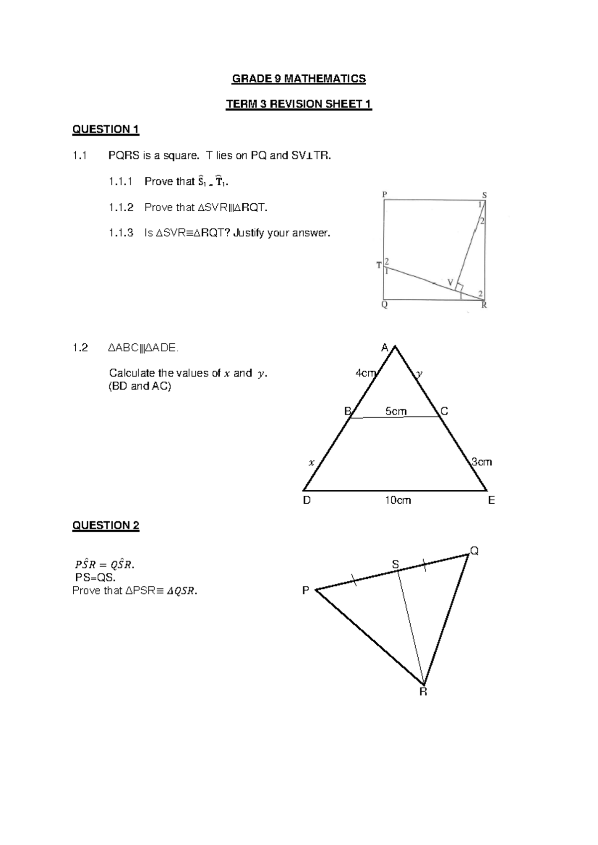 Grade 9 Term 3 Revision Sheet 1 - GRADE 9 MATHEMATICS TERM 3 REVISION ...