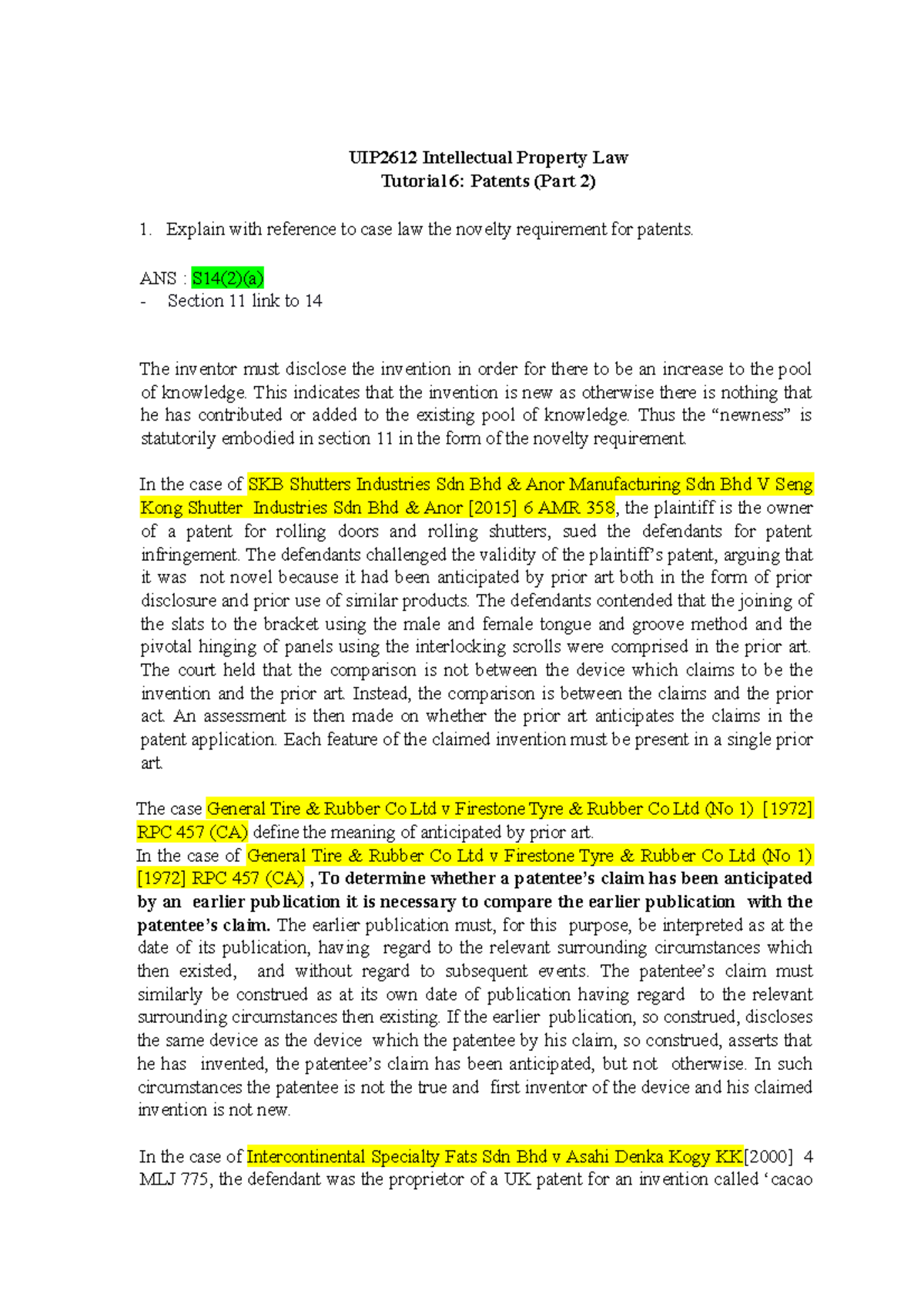 IPL Tutorial 6 (Patents Part 2) - UIP2612 Intellectual Property Law ...