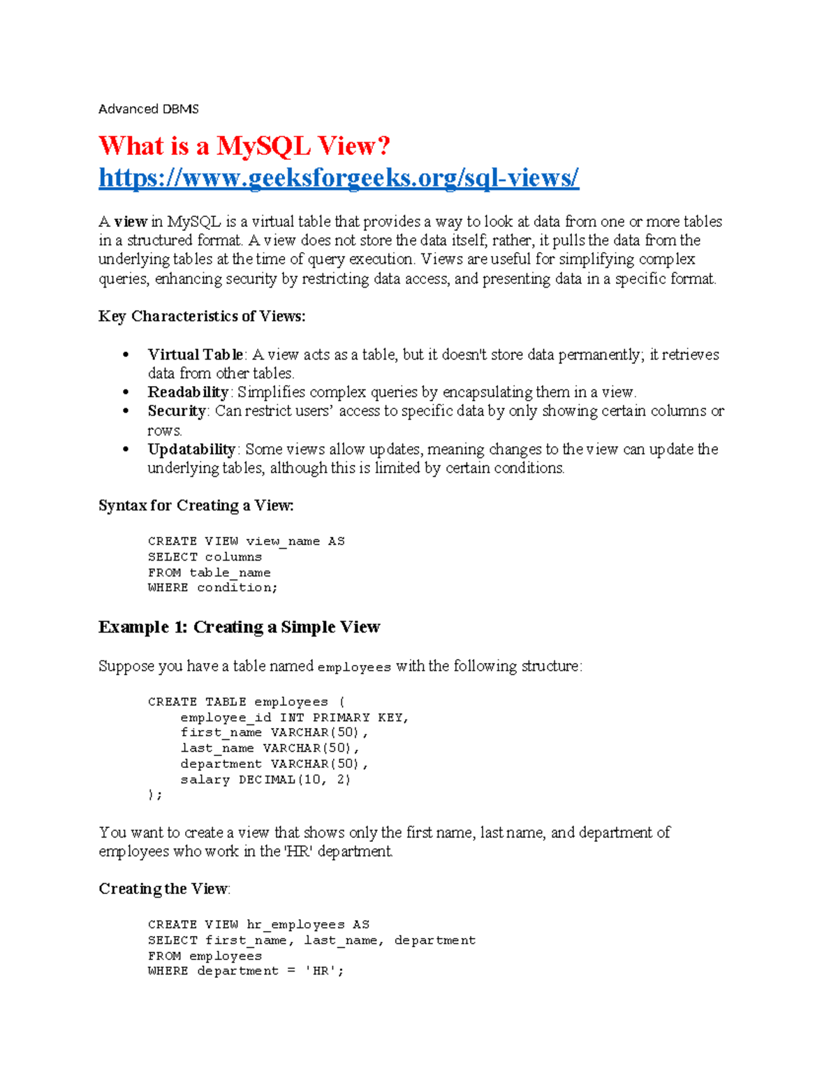 Advanced Dbms Views Advance Techniques Advanced Dbms What Is A
