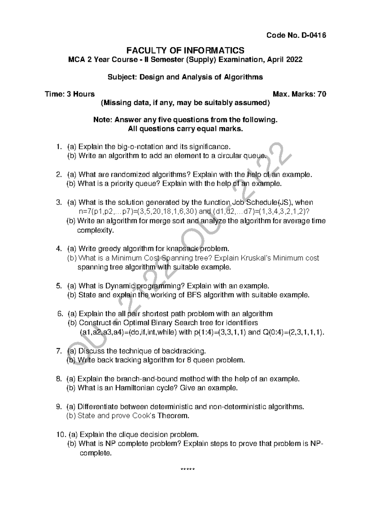 DAA 1 - OU - 2122 OU - 2122 Code No. D- FACULTY OF INFORMATICS MCA 2 Year Course - II Semester ...