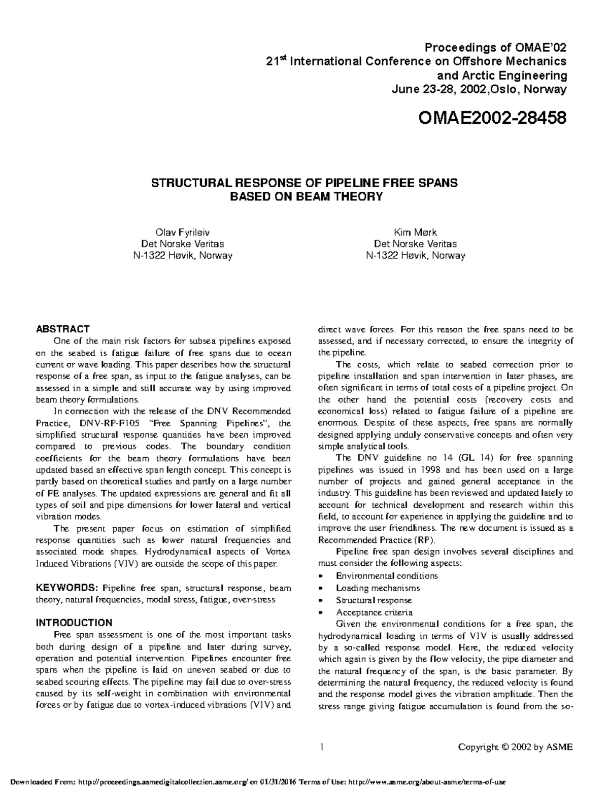 Structural Response of Pipeline Free Spans Based on Beam Theory ...