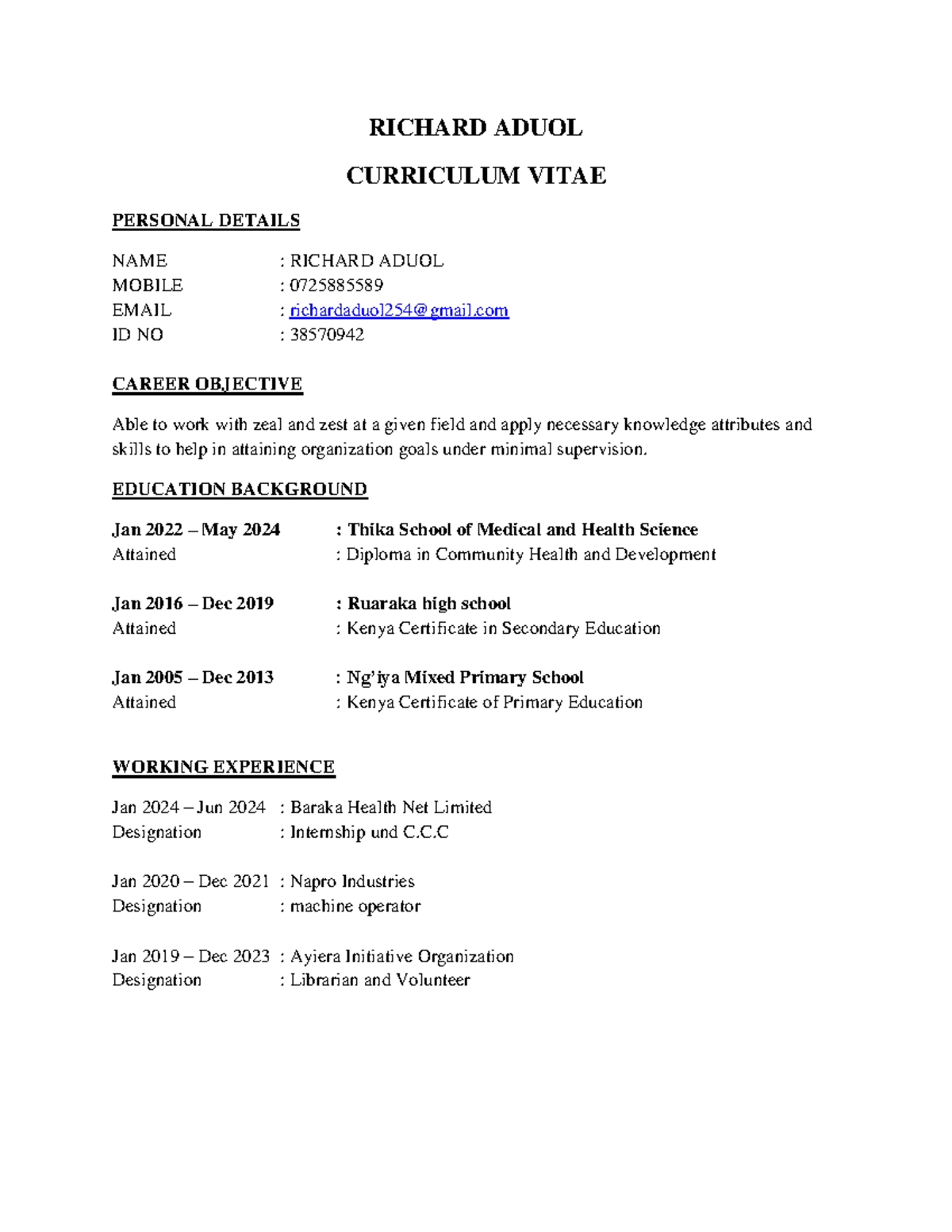 Richard Aduol CV - Short and precise cv - RICHARD ADUOL CURRICULUM ...