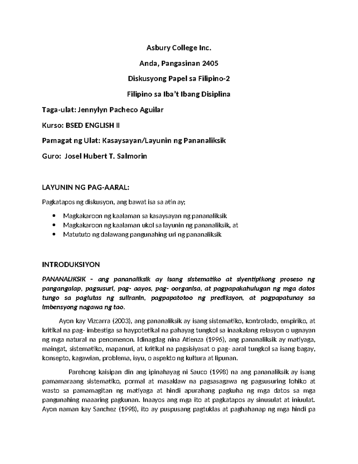 Fildis - Discussion Paper - Asbury College Inc. Anda, Pangasinan 2405 ...