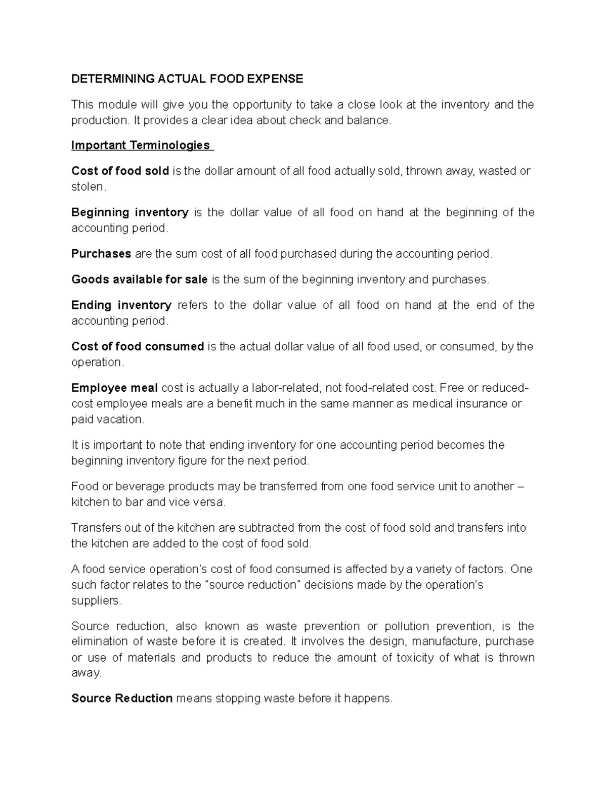 Determining Actual Food Expense - DETERMINING ACTUAL FOOD EXPENSE This ...